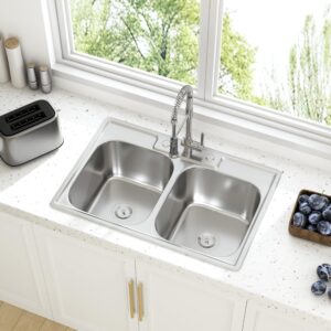 joviprime 33 inch double bowl drop in 50/50 kitchen sink top mounted 18 gauge 304 stainless steel sink with strainer 33" x 22" x 9"