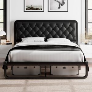 feonase queen bed frame, upholstered platform bed frame with heavy-duty steel slats, diamond tufted headboard, 12" storage space, no box spring needed, noise free, easy assembly, black