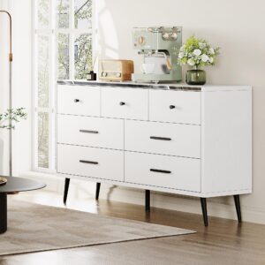 dwvo white 7 drawer dresser, wood storage dressers & chests of drawers with black metal handle ＆ anti-tipping device, modern double dresser storage cabinet living room hallway, entryway