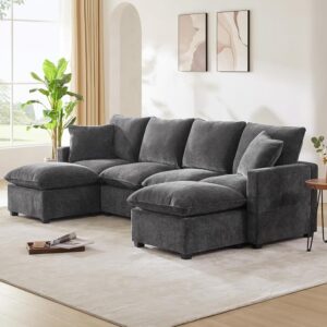 yoglad 4 seat modular sectional sofa,deep seat comfy upholstered furniture,with moveable ottomans,2 pillows,for livingroom,bedroom, apartment, office.(chenille black)