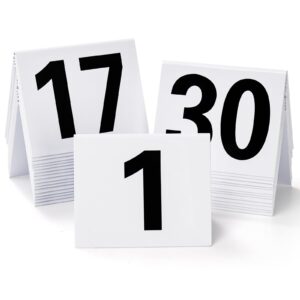 okllen set of 30 restaurant table numbers1-30 white, double side acrylic tent style table numbers for party, banquets, wedding reception, events, 3.5"x3"x2.3"