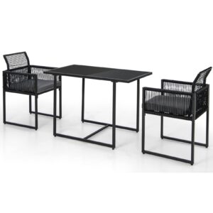 dortala rattan patio furniture set, 3-piece dining set with cushions, tempered glass tabletop, outdoor wicker small chairs & table set for backyard, balcony, poolside, black