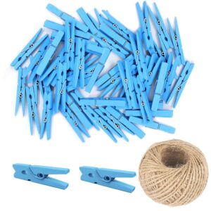 100 pcs mini 25mm natural wooden clips photo clips clothespin diy wedding party wooden clip clips pegs with 98 ft jute twine string(blue)