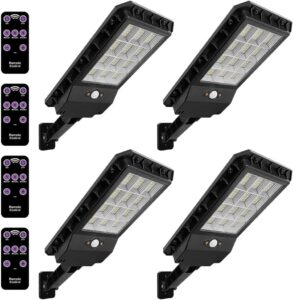 arily solar street lights outdoor 144 led street light solar powered street light dusk to dawn solar outdoor lights remote control solar barn lights for parking lot, garage, yard -4 pack