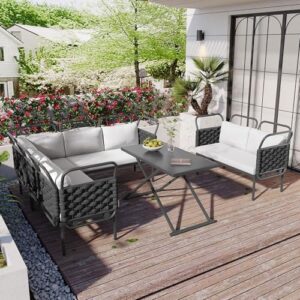 merax 5-piece modern patio sectional sofa set outdoor woven rope furniture set with glass table and soft cushions