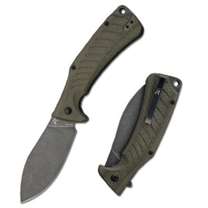 revo knives ness folding pocket knife; 3.375" 14c28n stonewash blade with durable micarta handle; flip tab open, secure liner lock, reversible pocket clip, edc tactical knife (green)