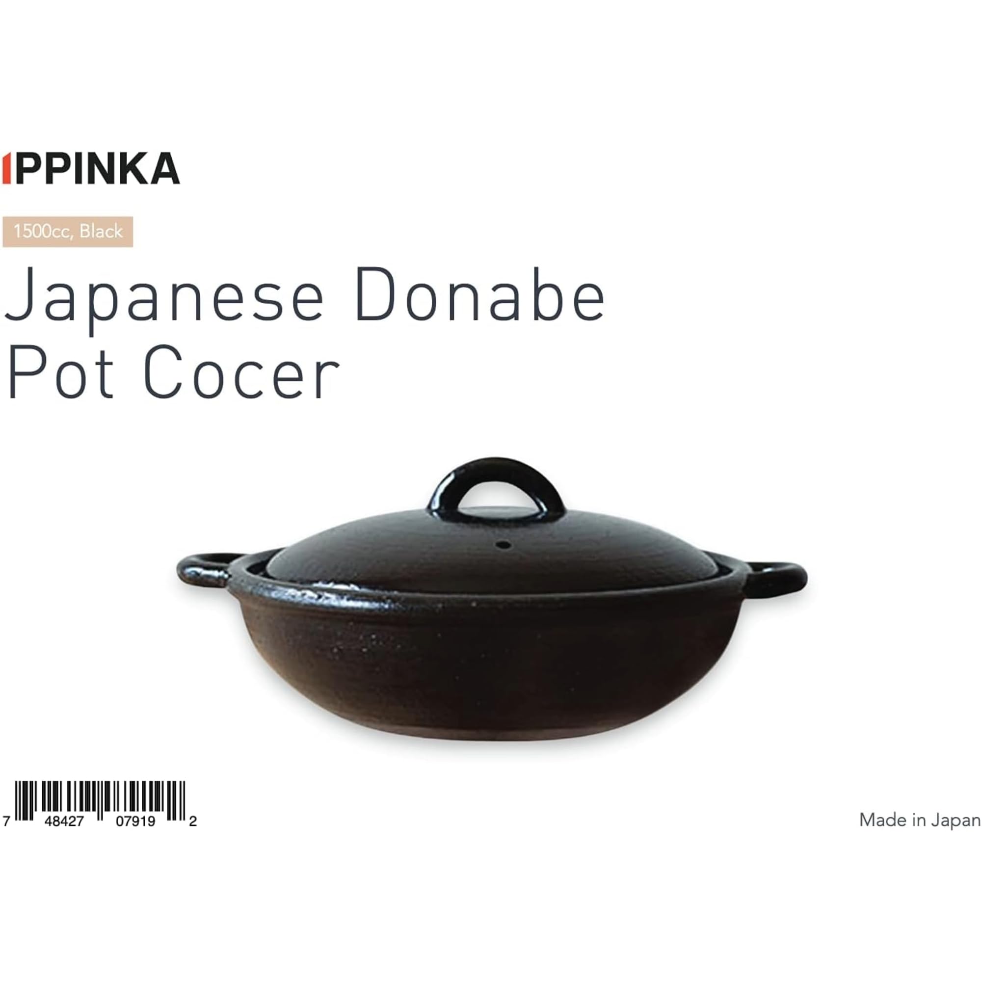 Handmade Ceramic Pot - Japanese Donabe Cocer Cooking Pot - For 2-3 People 10.2 x 10.2 x 4.7 inch (1500cc) - Black