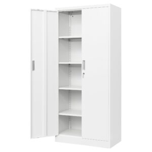 idekai metal storage cabinet with lock, 71" garage storage cabinets with 2 lockable doors and 4 adjustable shelves,tall file cabinet, tool cabinet for office,home,garage,gym,school (white)