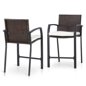 patiofestival counter height patio bar stools set of 2 wicker outdoor chairs sets with cushion metal arm leg footrests all weather frame (brown)