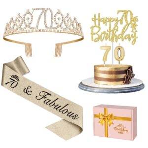 70th birthday decorations for women gold, including 70th birthday sash and tiara, 70th birthday cake topper and birthday 70 candles, 70th birthday gifts for women (gold)