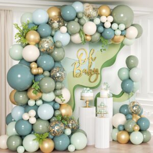 152pcs dusty blue sage green balloons garland arch kit, sage green dusty blue pastel green sand white and gold balloons for boho bridal shower wedding woodland birthday baby shower decorations