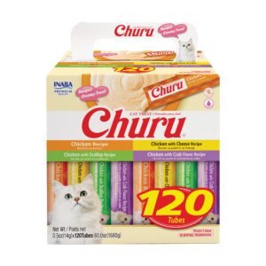 inaba churu cat treats, lickable, squeezable creamy purée with vitamin e, 0.5 ounces per tube, 120 tubes total, chicken variety