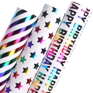 ribbli birthday wrapping paper iridescent gift wrap mini roll, 3 rolls happy birthday stars stripes printed for boys kids - 17 inch x 120 inch(10feet) per roll