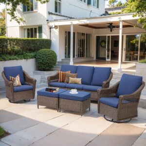 patio furniture set, 5 pieces outdoor conversation set, all weather wicker patio furniture w/ swivel glider rocking chair, ottoman, 3-seat couch & comfy cushions for backyard, deck, poolside, porch