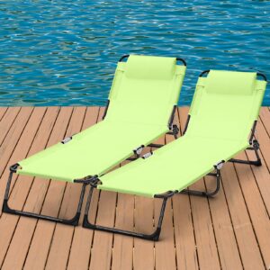 suzile 2 pack folding chaise lounge chairs outdoor sun tanning chair for outside foldable beach chair with pillow 5 position reclining back breathable mesh pool chair for beach yard lawn patio(green)