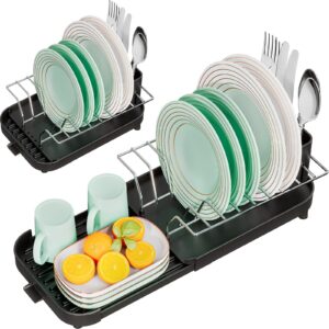 urackify small dish drying rack, expandable compact dish drainer with cutlery holder, narrow dish rack with drain for kitchen counter, space saving slim plate rack, dishes holder for sink countertop