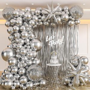 disco balloon arch garland kit, metallic silver balloon arch with disco ball balloons silver fringe disco ball backdrop for birthday graduation prom 2024 disco party decorations