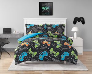 home resort video gamer set black 3-piece ultra soft microfiber comforter set - full