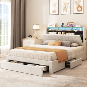 yitahome queen size bed frame, storage bed frame with 4 drawers & led light, platform bed with storage upholstered headboard and charging station, no box spring needed, easy assembly, beige