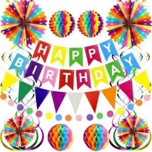 paticool happy birthday party decorations pack with rainbow happy birthday banner, honeycomb balls, circle dot garland, paper bunting banner, paper fans and hanging swirls streamers