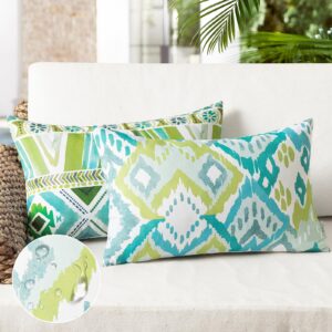 ashler boho lumbar outdoor pillows, turquoise/green 12x20 pillow covers, outdoor pillows waterproof set of 2, pillow case for patio, couch, water resistant indoor outdoor spring summer decorative