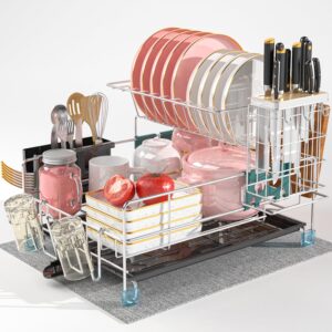 slhsy dish drying rack - large capacity stainless steel dish rack for kitchen counter, 2-tier detachable kitchen organizers and storage rack with drainboard and cutlery holder, silver