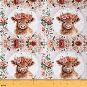 feelyou cute highland cow fabric by the yard 2 yards cartoon animal decorative waterproof outdoor fabric flower floral print upholstery fabric for chairs farm zoo garden theme diy reupholstery fabric