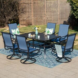 mfstudio 7-piece patio dining set, outdoor furniture 6 sling dining swivel chairs and steel frame slat larger rectangular table with 1.57" umbrella hole for backyard, blue