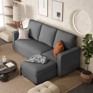 jummico convertible sectional sofa couch, fabric l-shaped sofa with 3 seats, removable ottoman, small sofa for small apartments, living rooms and offices (deep grey)