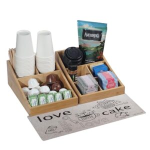 imajinaar large capacity coffee pod organizer for k cups, tea bags & snacks | bamboo coffee station & condiment organizer with spill-resistant mat (17.7''x11.8'')