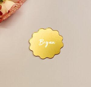 20pcs of gold acrylic wedding place card,mirrored scallop place card,laser cut wavy circle acrylic seating chart,acrylic place card,name place card (gold mirror, 3'')