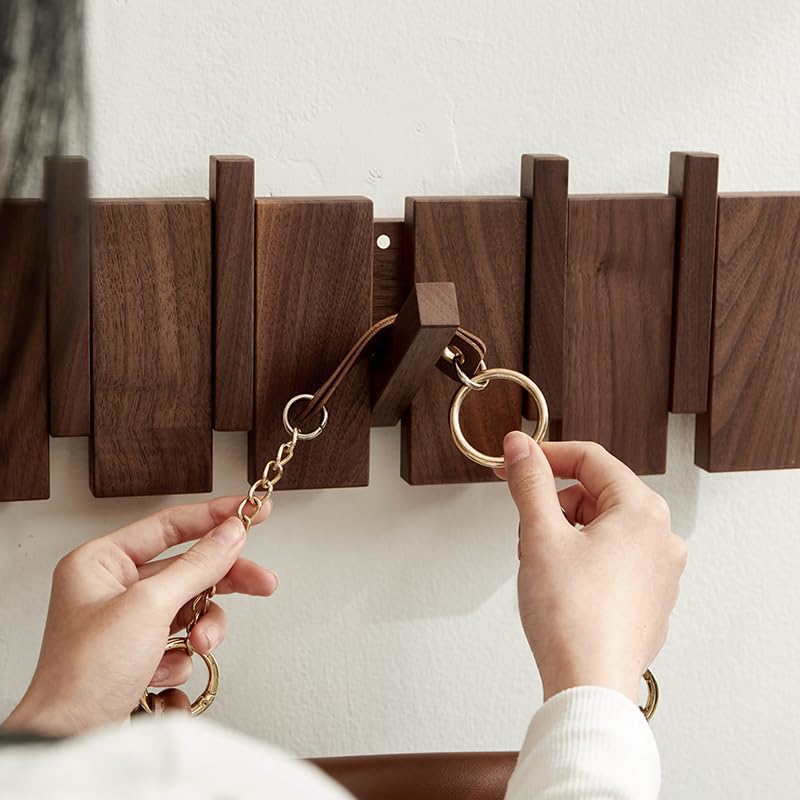 ESDOPA Wood Wall Mounted Coat Rack, Coat Rack Wall Mount, Flip Down Wall Hook Rack with 6 Hooks, Entryway Wall Art Hook for Hanging Coats Keys Hats Towels Bags, Walnut