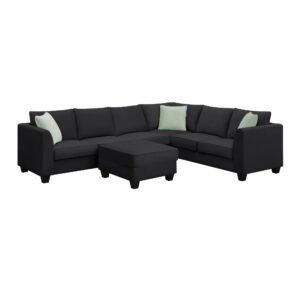 acqca 112" upholstered sectional sofa sets with removable ottoman, 7-seater modular corner couch with 3 pillows for livingroom, office,black