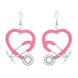 doctor nurse stethoscope wooden dangle earrings love heart stethoscope medical theme earrings nurse's day gifts for doctors nurses medical students-pink