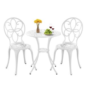 withniture outdoor patio bistro set 3 piece all weather bistro table and chairs set of 2 with umbrella hole,cast aluminum outdoor white bistro set, patio furniture set for garden,white