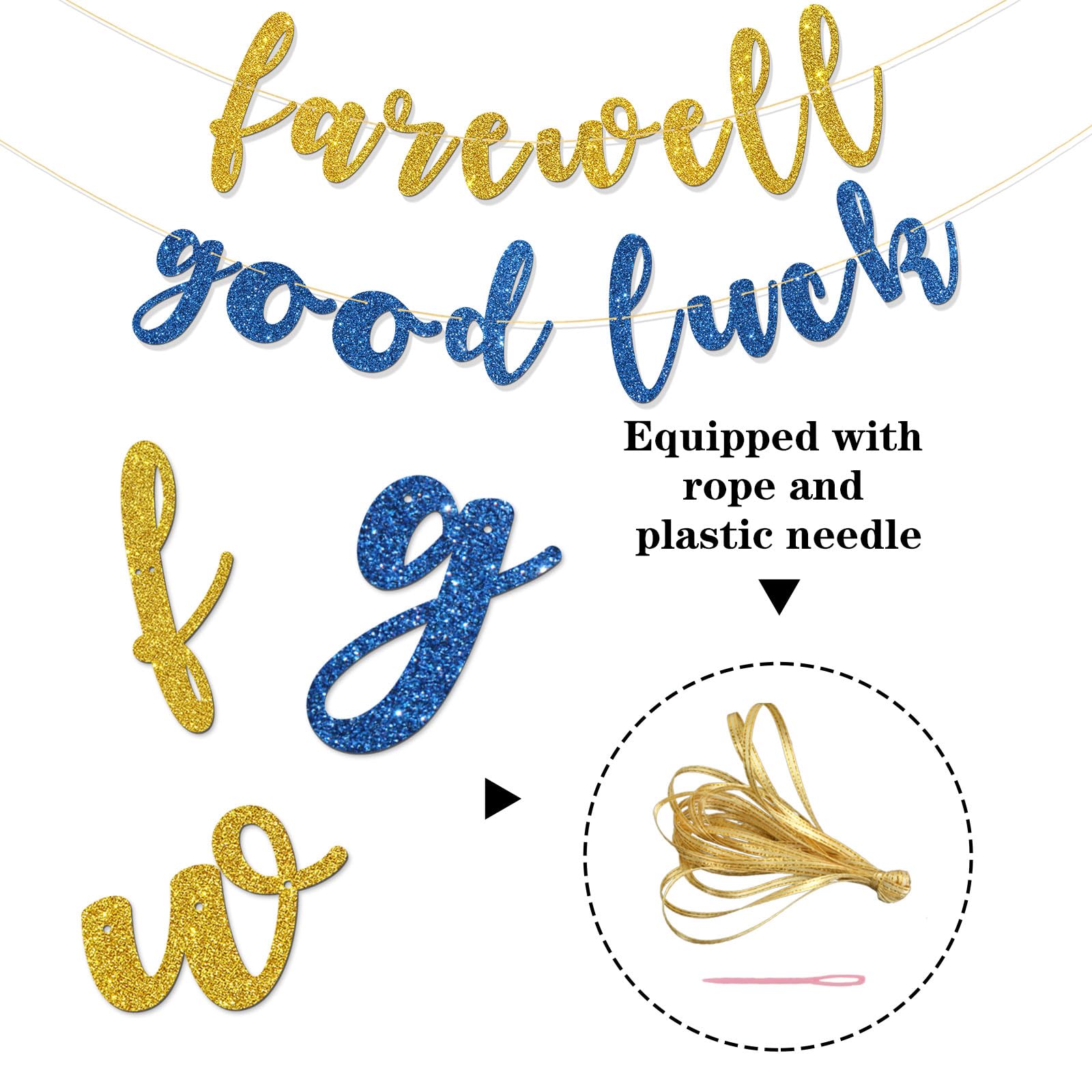 RoadSea Farewell Good Luck Banner - Graduation Theme - Retirement Party Supplies - Going Away - Job Change Party Decorations - Gold Blue Glitter