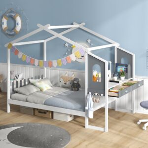 komfott full house bed with desk, wood montessori bed frame with house roof canopy, 2 drawers, modern playhouse bed with fence for kids, teens, girls & boys, no box spring needed, white & gray