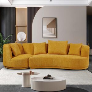 williamspace 109.84" modern curved sofa couch with 360° swivel arm chair, modern upholstery boucle sofa 3 seat couch with 4 throw pillows, luxury curved couch for living room apartment (yellow)