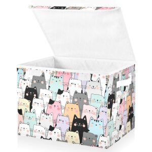 alaza collapsible large storage bin with lid, cute cat funny face foldable storage cube box organizer basket with handles, toy clothes blanket box for shelves, closet, nursery, playroom