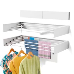 zmbesup laundry drying rack collapsible, wall mounted drying rack, clothes drying rack, retractable wall drying rack, 31.5" wide, 13.2 linear ft, 5 aluminum rods, 60 lb capacity (white, 31.5" wide)