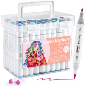 ohuhu markers paper-friendly no peeling water-based coloring markers 60 colors dual brush fine tips markers for adult coloring books no bleeding art markers for kids adults beginner calligraphy