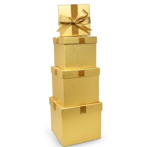 gold square christmas gift boxes with ribbon bow set of 4 assorted sizes reusable cardboard stacked nesting box with lids for gift giving holiday decorative gifts present wrapping