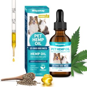 woyamay hemp oil for dogs and cats - rich in omega 3, 6, 9 for pets anxiety relief, calming treat for slееp, strеss, pain, hiр and jоint, Аrthritis, skin and coat health support (1 pack)