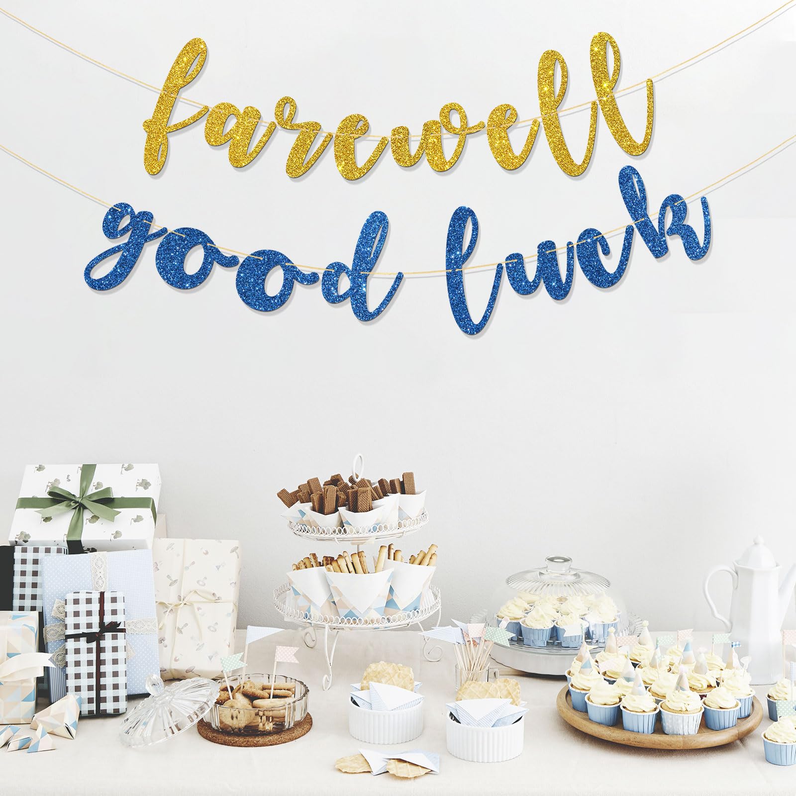 RoadSea Farewell Good Luck Banner - Graduation Theme - Retirement Party Supplies - Going Away - Job Change Party Decorations - Gold Blue Glitter