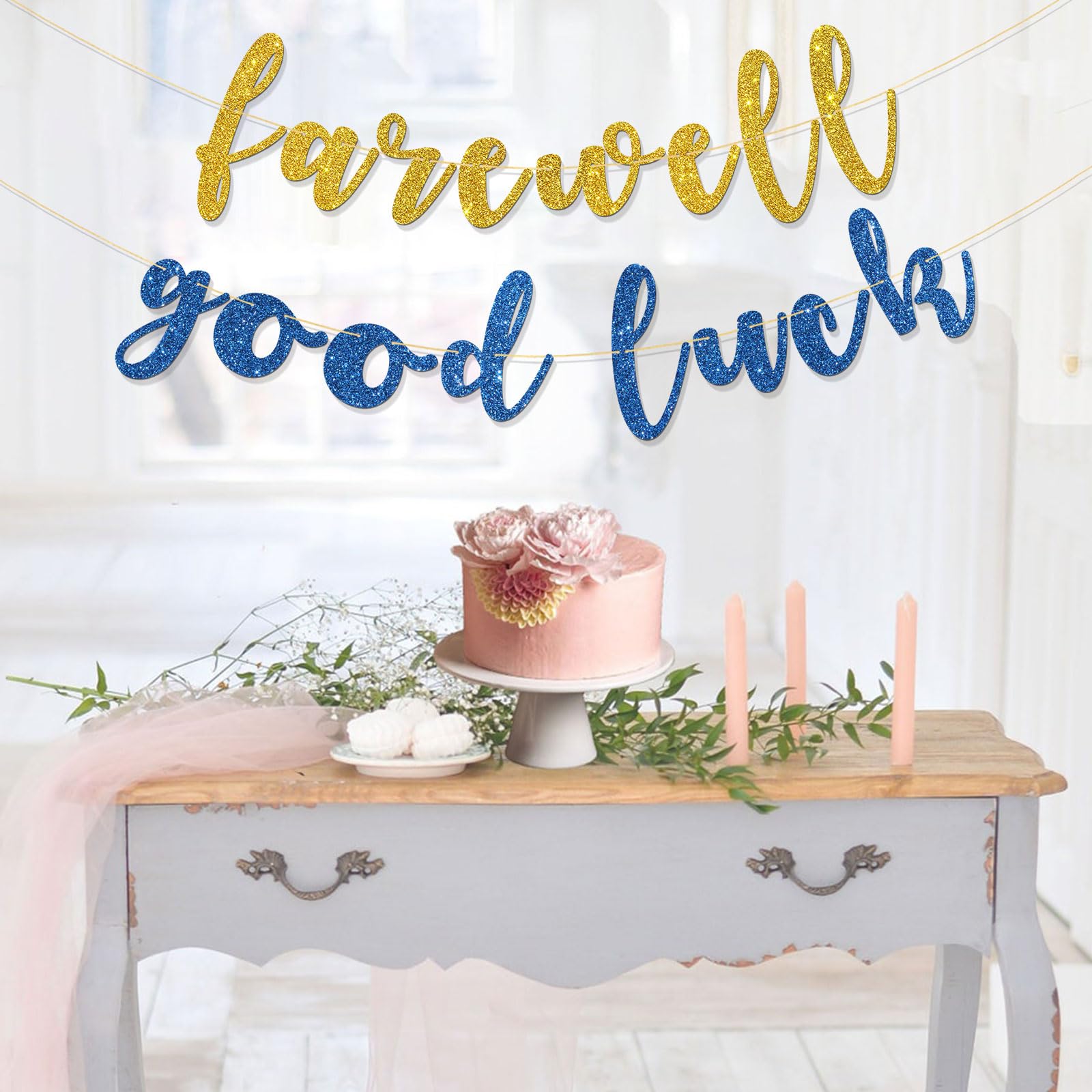 RoadSea Farewell Good Luck Banner - Graduation Theme - Retirement Party Supplies - Going Away - Job Change Party Decorations - Gold Blue Glitter