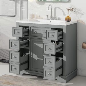 entcook 36" bathroom vanity with top and sink, bathroom sink vanity set with 1 cabinet 6 drawers, solid wood and mdf board, bathroom sink and vanity combo set for bathroom grey