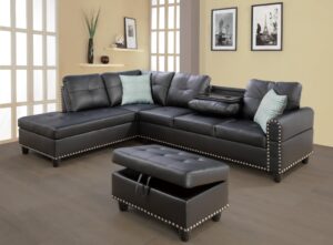 favfurish 98" faux leather sectional sofa with storage ottoman and 2 toss pillows,3-piece couch chaise w/manufactured wood frame &rounded arms,for living room,bedroom,office,black