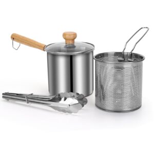 small deep fryer pot with basket, mini fryer and soup pot with tongs and lid for 1-2 people, works on gas or induction burner, dishwasher safe, 1.3-quart