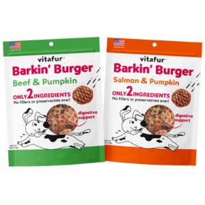 vitafur barkin burger dog treats combo pack | salmon and pumpkin + beef and pumpkin grain free dog treats - only two ingredient all natural dog treats - 2 pack, 4 oz each