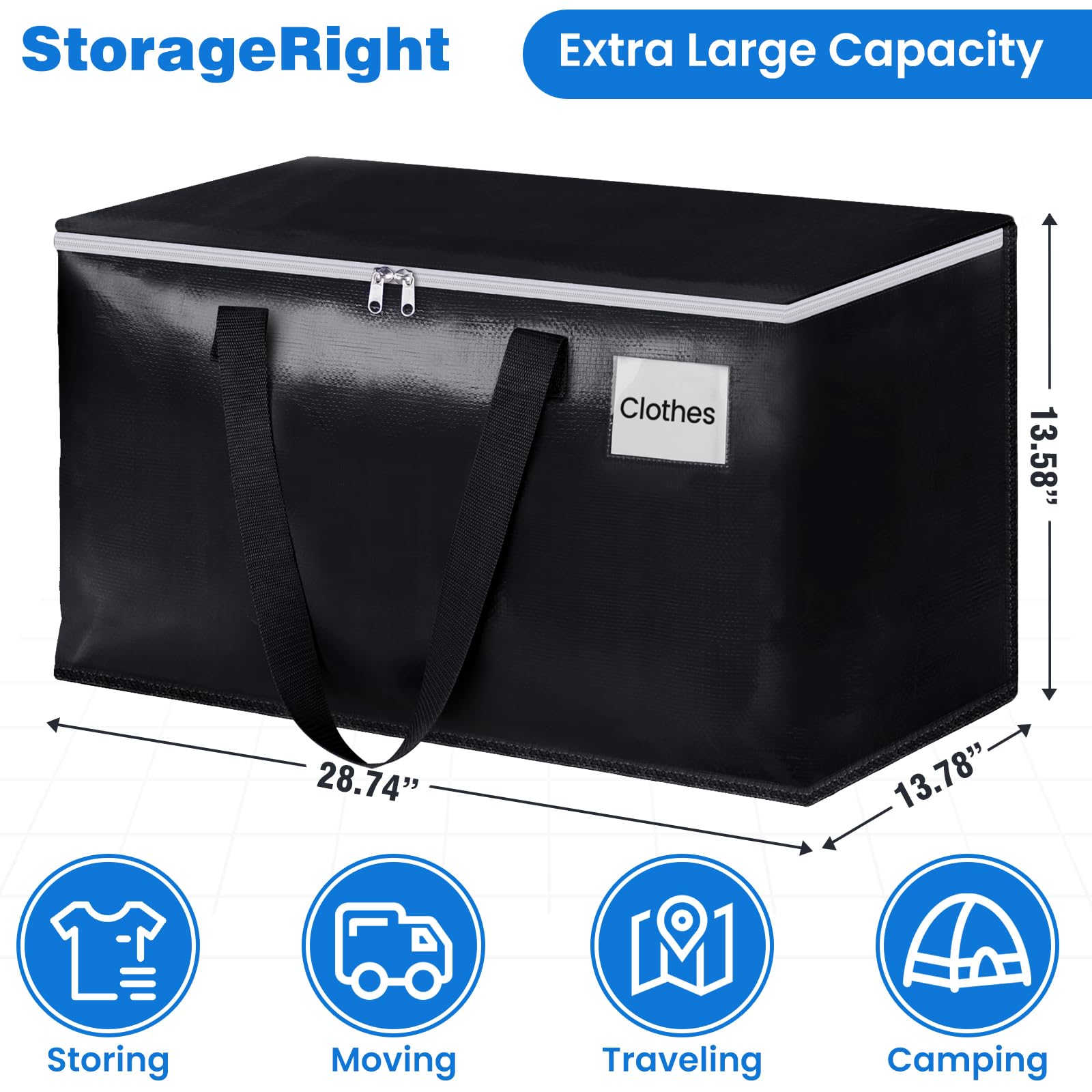 StorageRight Large Moving Bags Heavy Duty Storage Totes for Storage,Packing & Moving Collapsible Moving Supplies with Large Capacity, Reinforced Zippers and Handles, 88L, 8 Packs